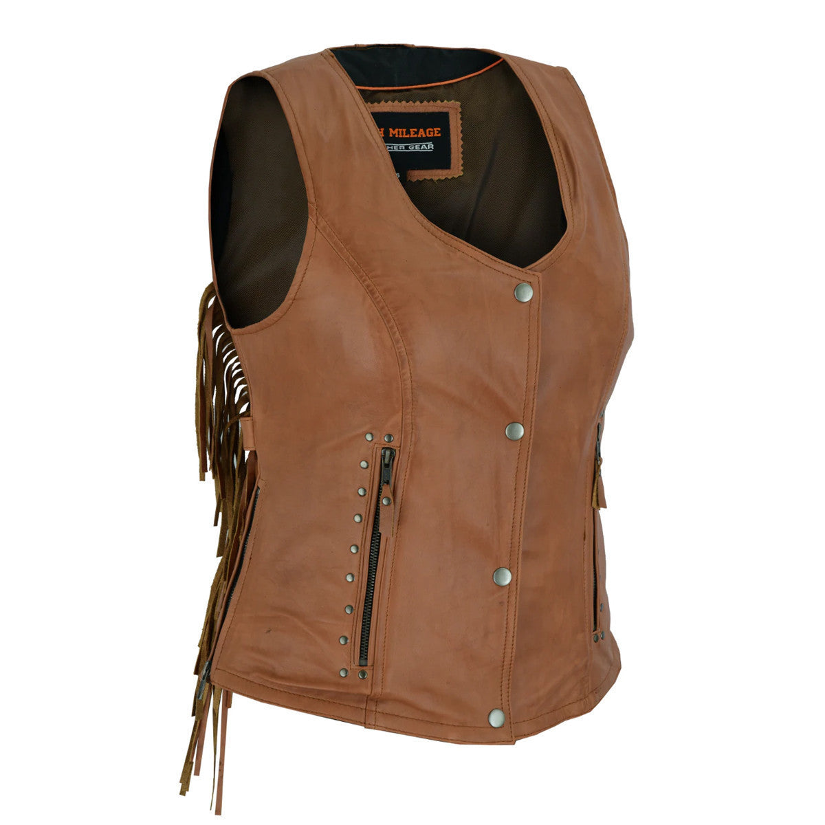 Roxy Ladies Brown Leather Vest with Fringes and Rivets | TM – Vance Leathers Wholesale